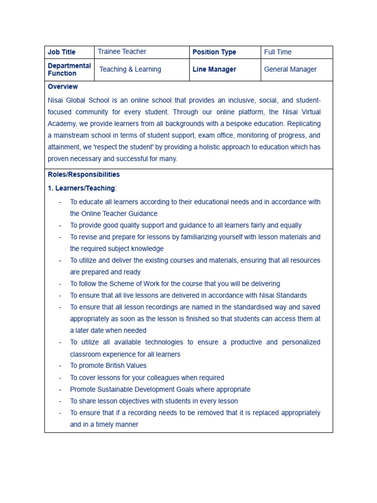 Jd Trainee Teacher Hcm Pdf Teachers Learning
