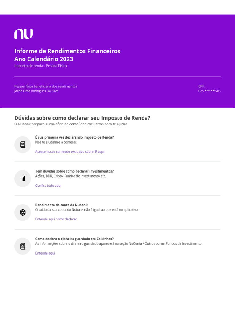 informe-de-rendimentos-2023-NUBANK | PDF | Imposto de Renda | Comprovante de depósito