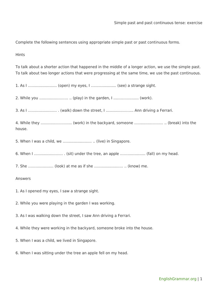 Simple Past and Past Continuous Tense - Exercise | PDF