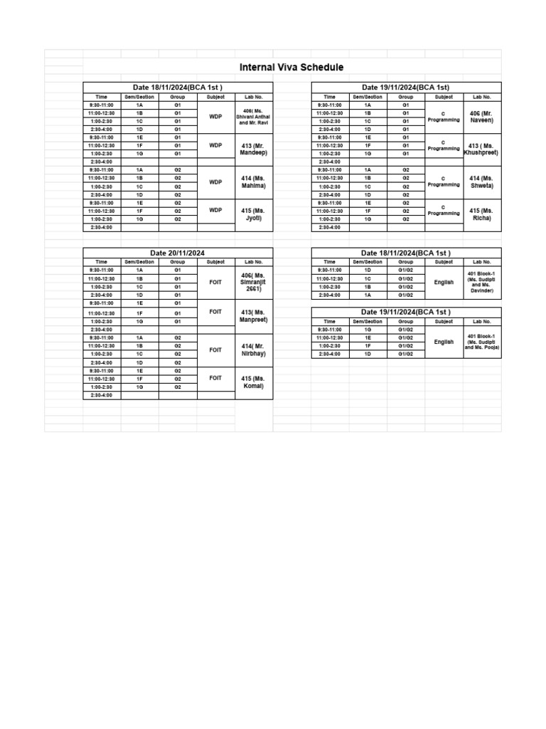 Internal Viva Schedule Nov-1 | PDF | Computing | Computer Engineering