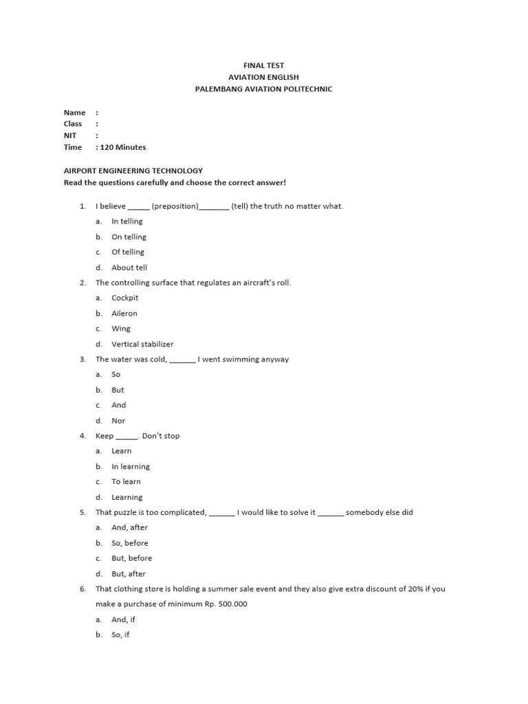 Final Test Trbu (Question) | PDF | Landing Gear | Flight Control Surfaces