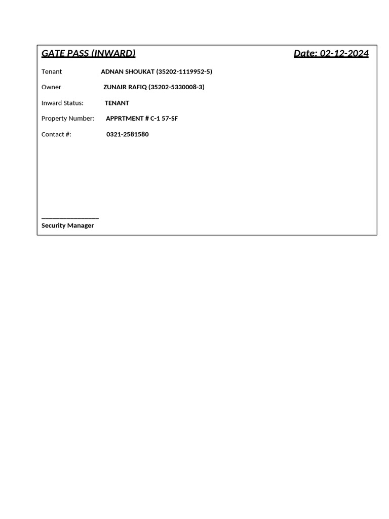 Inward Gate Pass (Tenants) | PDF