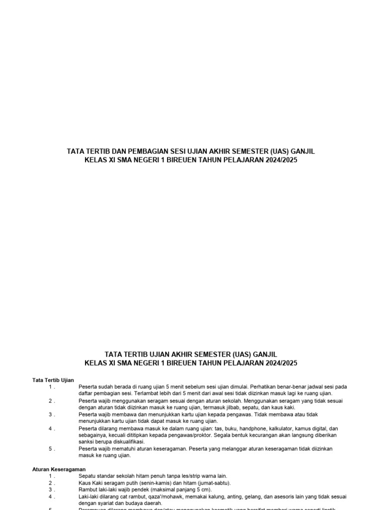 KELAS XI TATA TERTIB DAN PEMBAGIAN SESI UAS GAN 2425 | PDF