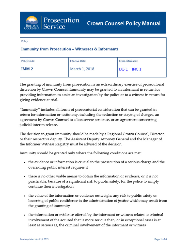 Immunity From Prosecution - Witnesses & Informants | PDF | Witness ...