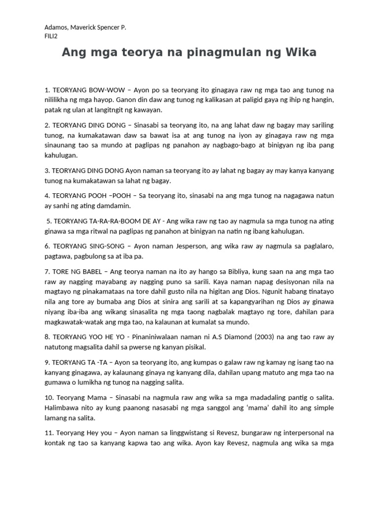 Ang Mga Teorya Na Pinagmulan NG Wika | PDF