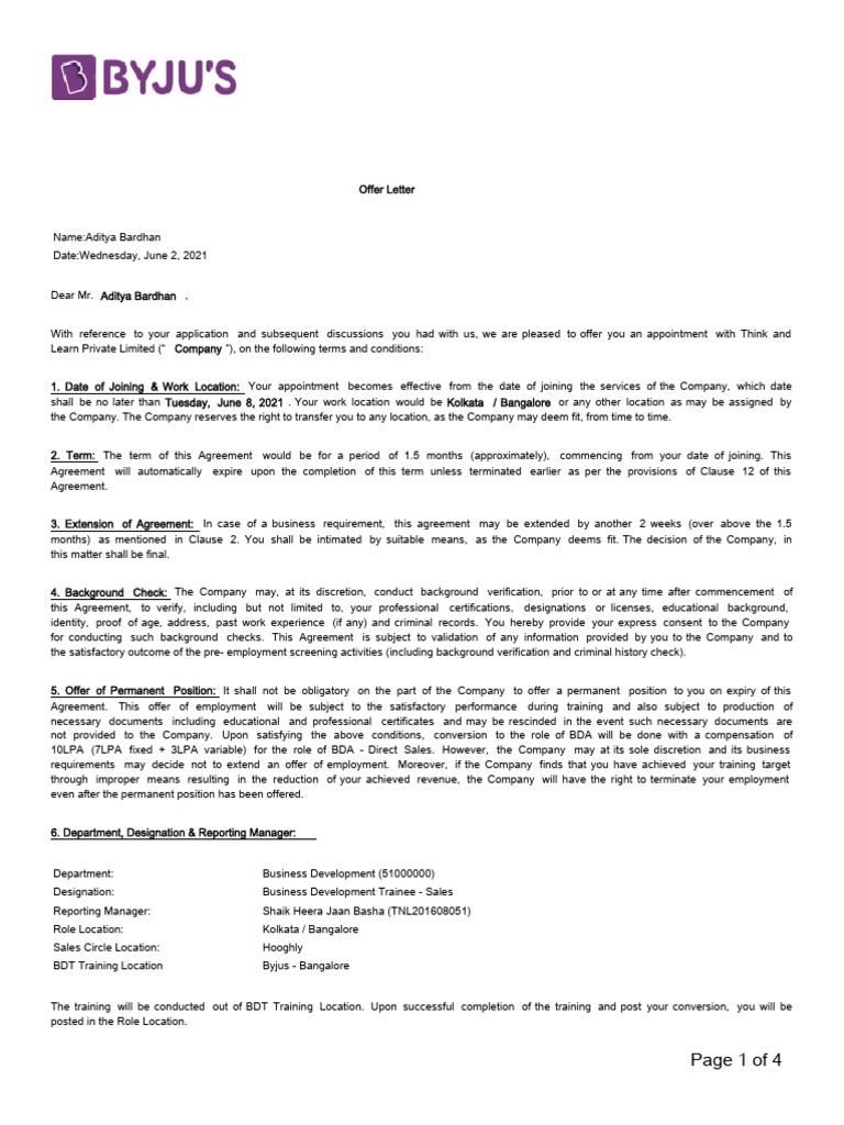 Byju's Offer Letter | PDF | Indemnity | Expense