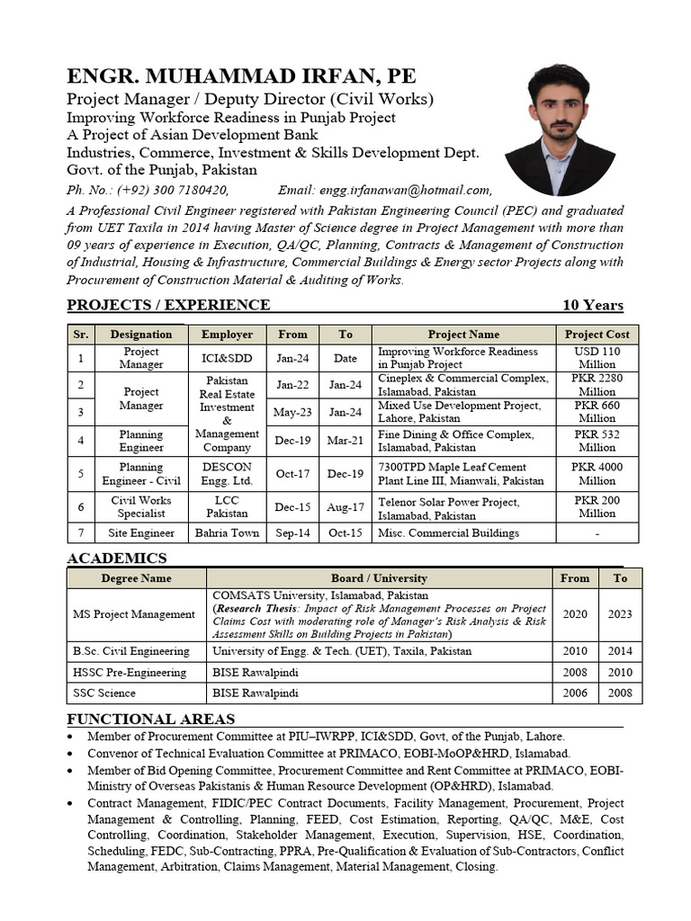 M Irfan Awan CV (Project Manager) - GCC | PDF | Specification (Technical Standard) | Project ...