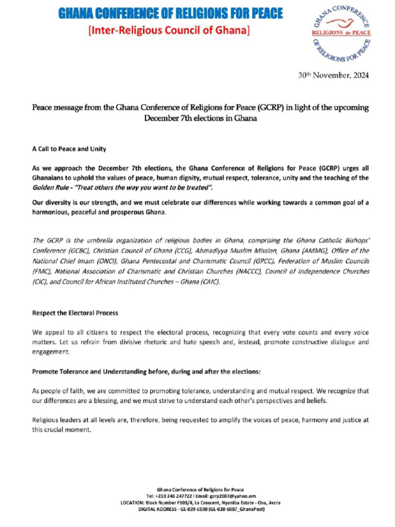 Message From Ghana Conference of Religious For Peace | PDF | Peace ...