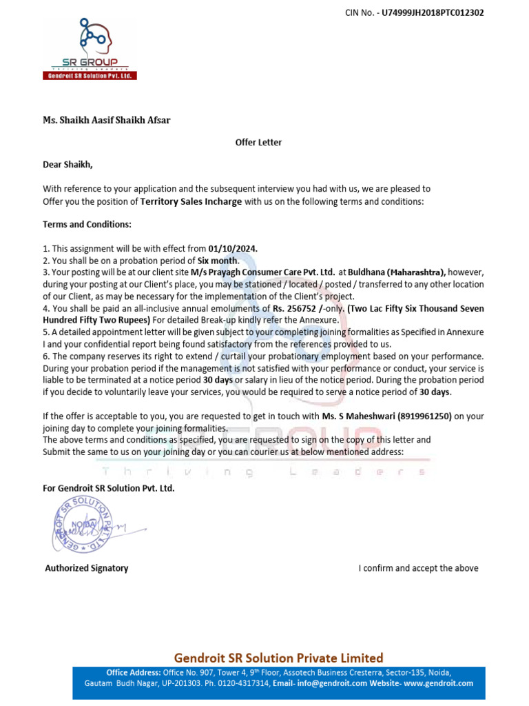 Shaikh Aasif Shaikh Afsar - Offer Letter | PDF | Taxes | Government ...