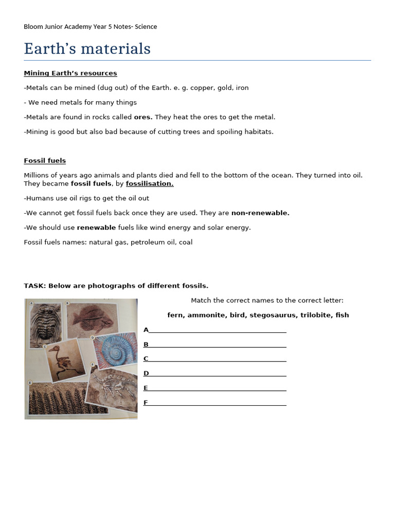 Year 5 Science Notes-Earth's Materials-1 | PDF