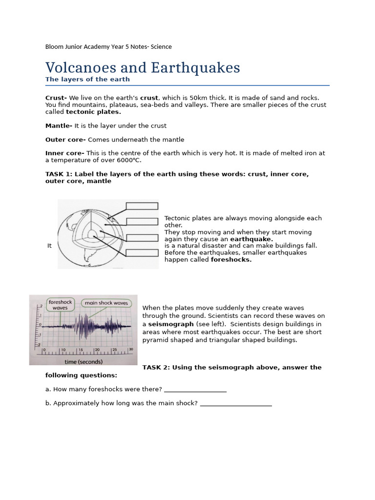 Year 5 Science Notes- Volcanoes and Earthquakes-1 | PDF
