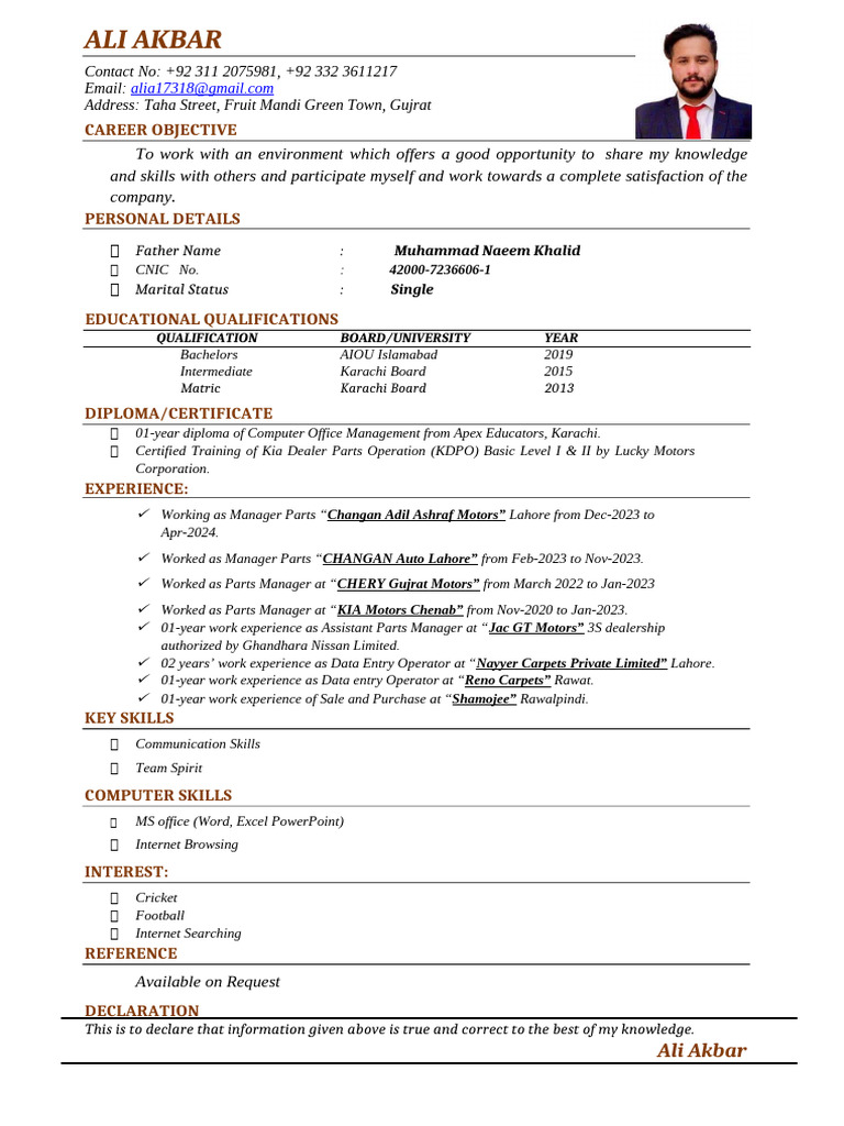 ALI AKBAR UPDATED CV (Format) | PDF