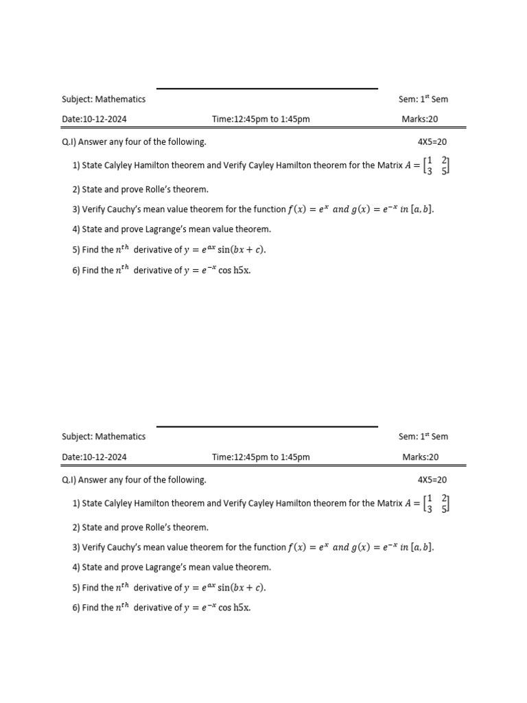 Mathematics 1st Sem 2nd IA Test | PDF | Sequence | Calculus