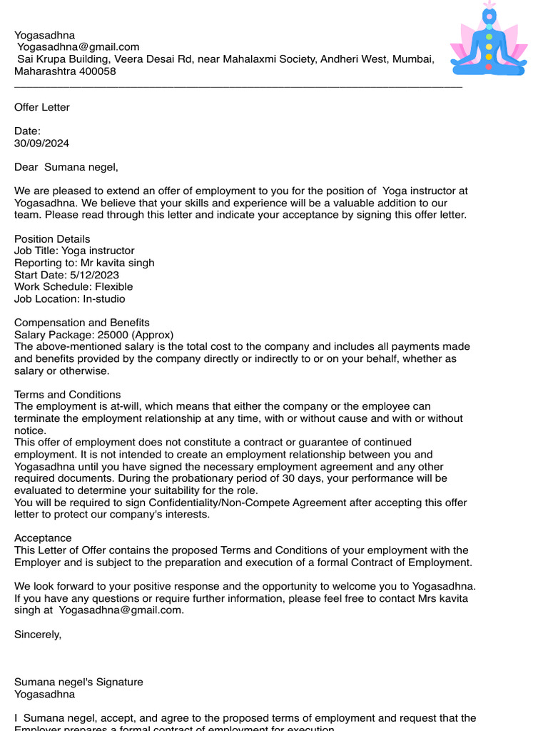 Yoga Instructor Offer Letter | PDF