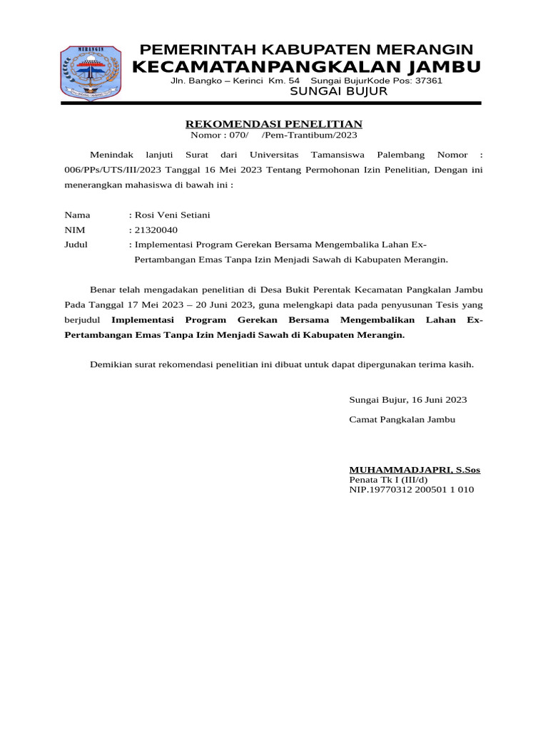 Surat Rekomendasi Penelitian | PDF