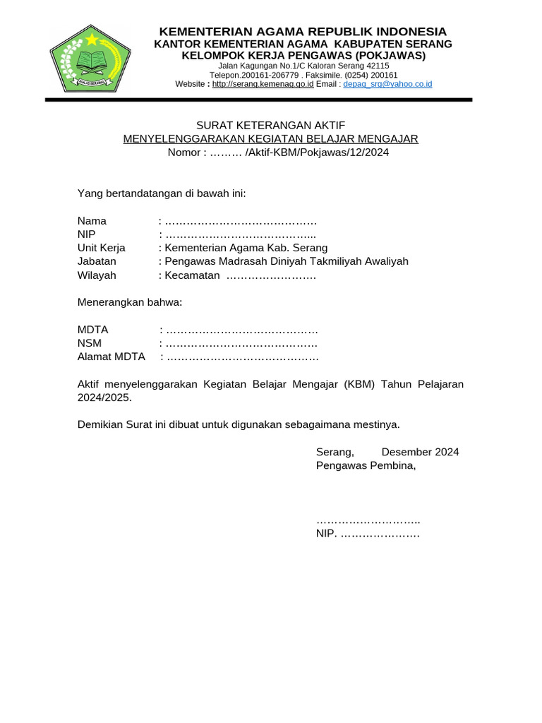 SURAT PERnyataan AKTIF KBM MDTA 2024 | PDF