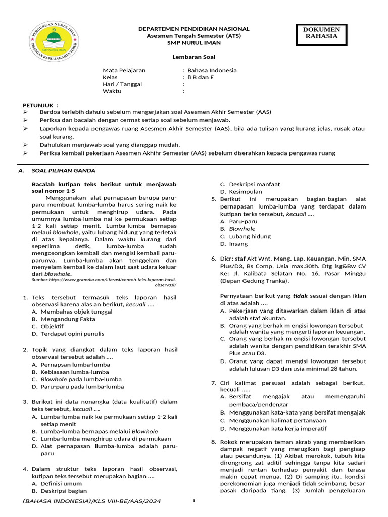 SOAL AAS B.Indonesia kls 8BE 2023-2024 | PDF