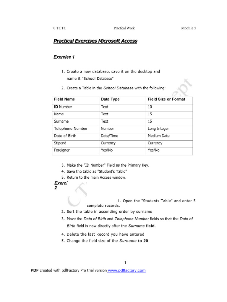 Practical Exercises Microsoft Access | PDF