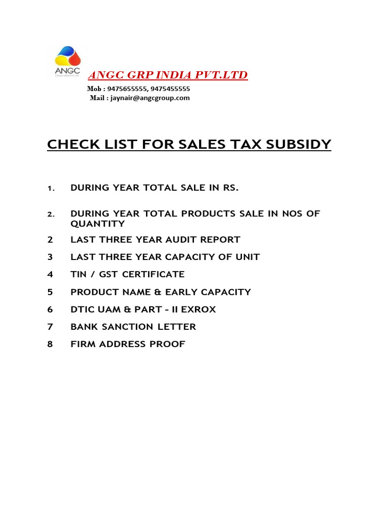 Check List (SALE TAX SUBSIDY) | PDF