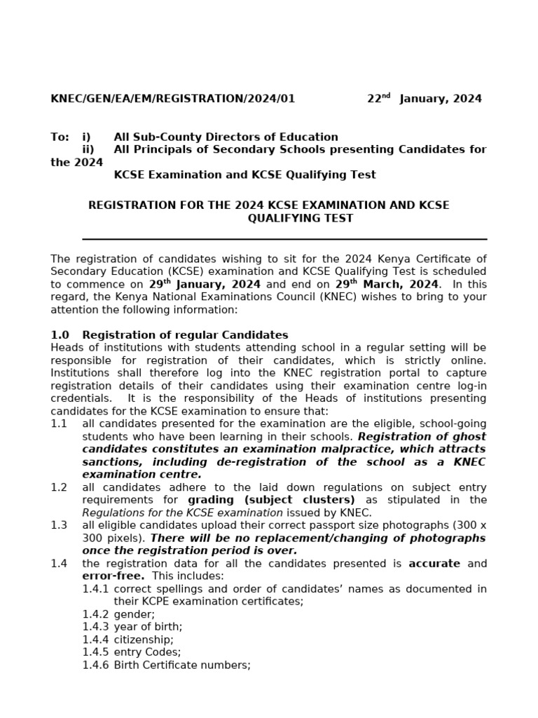 1. 2024 KCSE & QT REGISTRATION CIRCULAR 19th Jan. 2024 | PDF | Visual Impairment