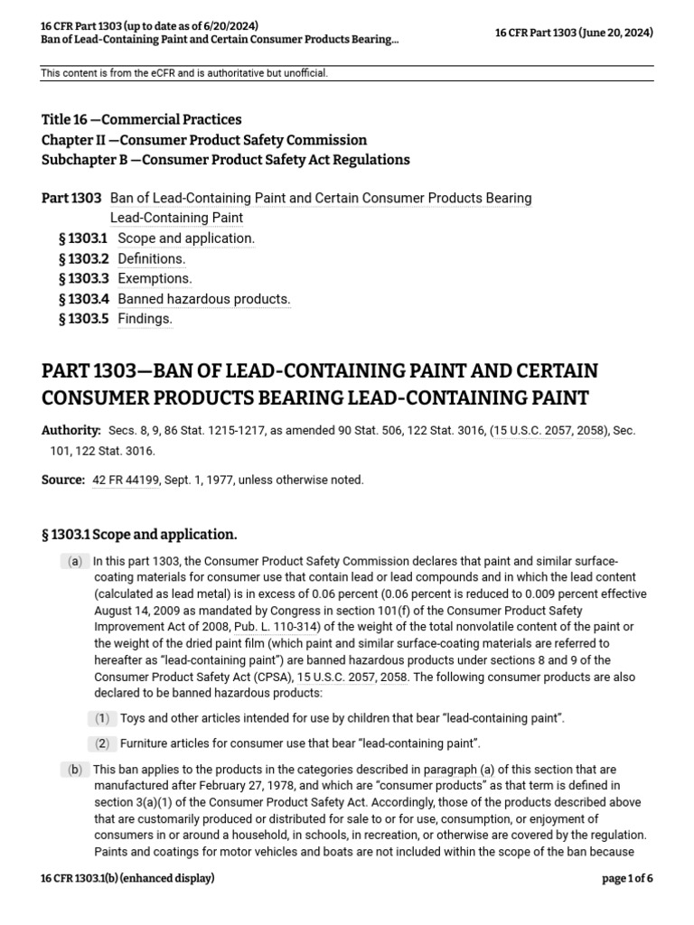 16 CFR Part 1303 (Up To Date As of 6-20-2024) Lead Content | PDF ...