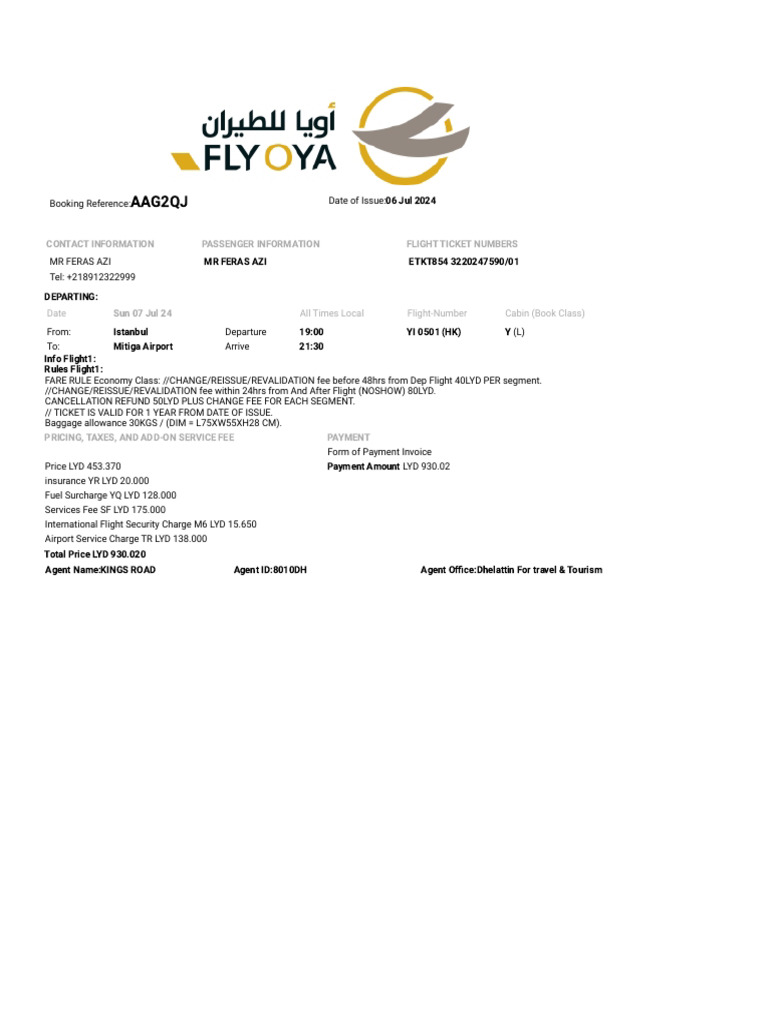 Flight Booking Confirmation for Feras Azi | PDF
