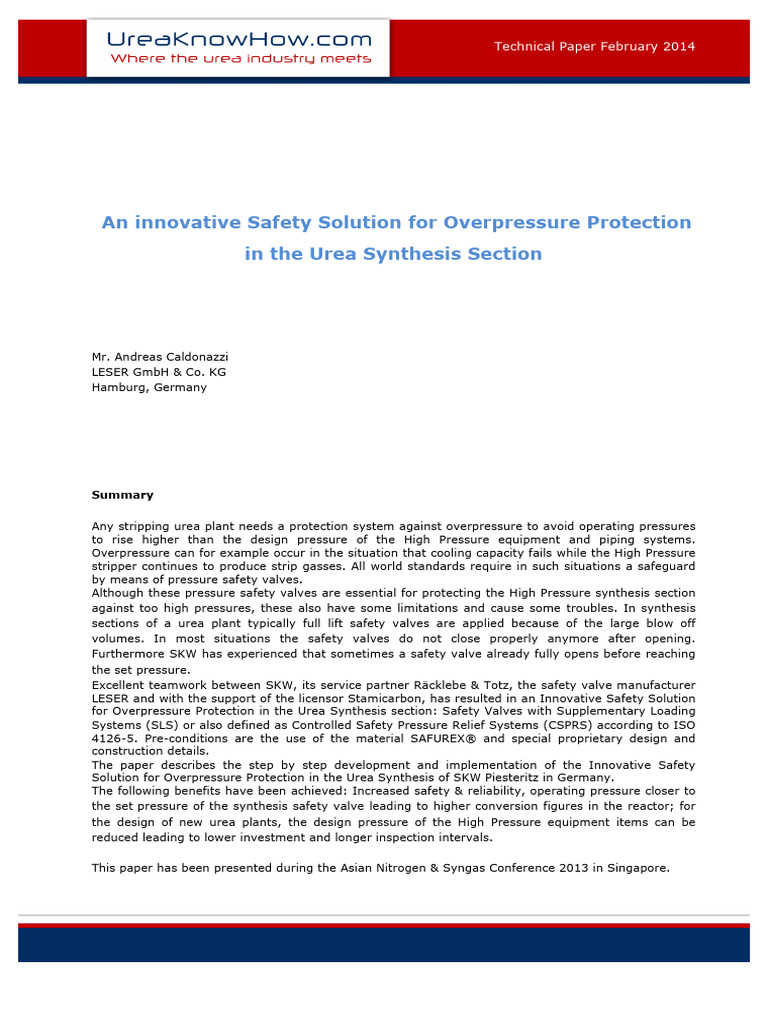 2014 - 02 - Leser-Overpressure Protection Urea Synthesis Section | PDF ...