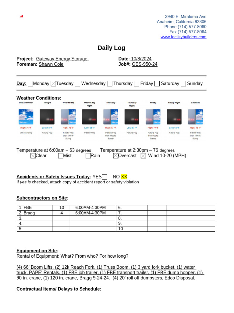 Gateway Energy Storage Daily Log 10/8/24 | PDF