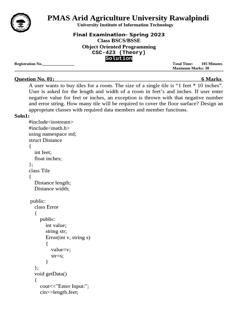 OOP - Spring23 - Final Paper Soln | PDF | Area | Complex Number