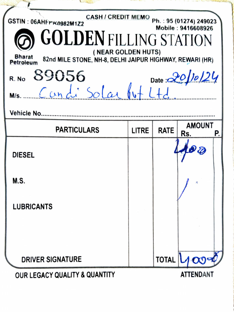 Diesel Purchase Receipt NH-8 Rewari | PDF