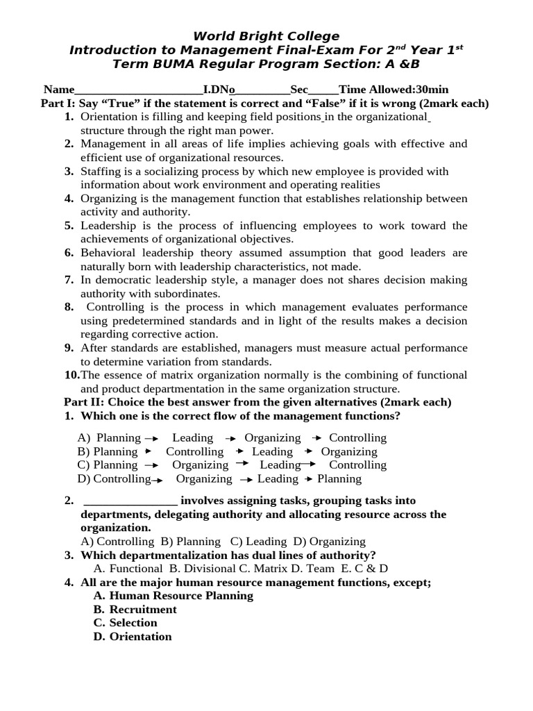 Intro Final Exam | PDF | Leadership | Organizational Structure