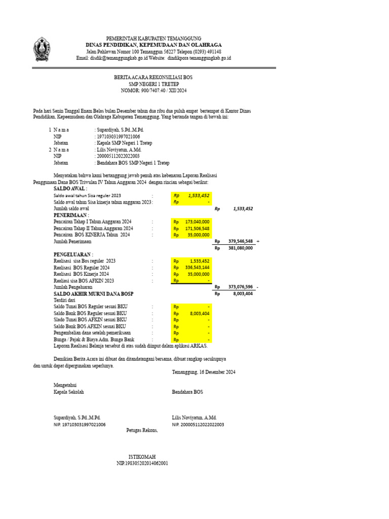 REKONS 1 TAHUN 2024.xlsx - BA Rekon 2024 | PDF
