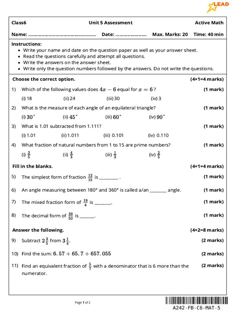 Class6_Math_ASM-1 6817 10 | PDF | Numbers | Elementary Mathematics