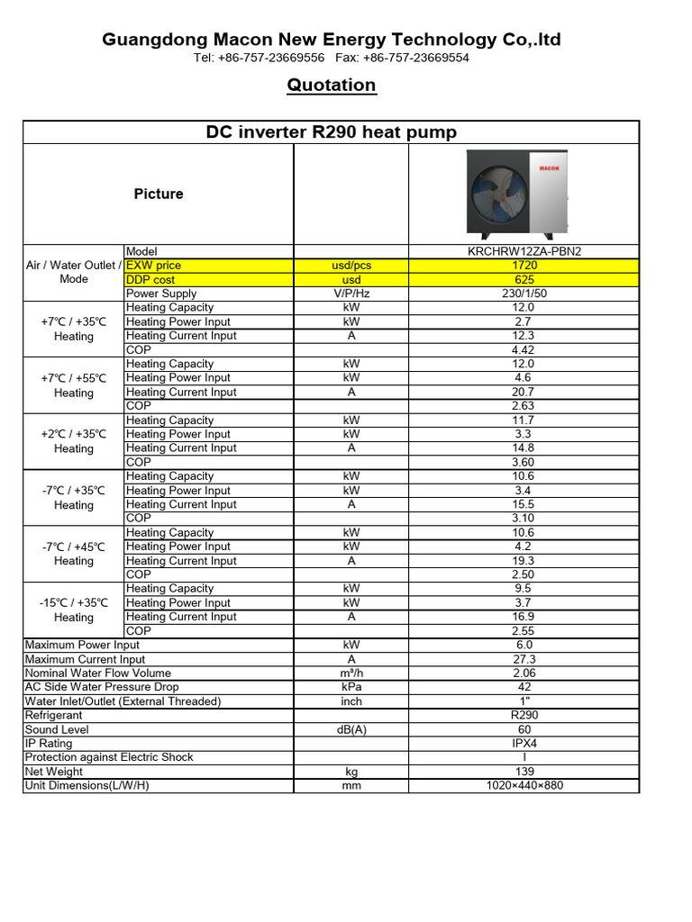 OEM DC Inverter R290 Heat Pump Quote | PDF | Heat | Watt