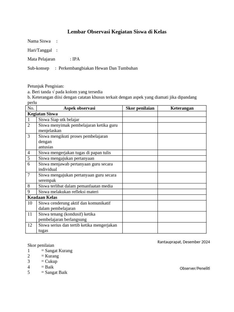 Lembar Observasi Kegiatan Siswa di Kelas | PDF