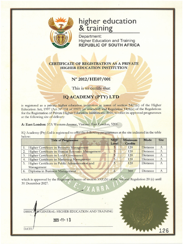 Iq Academy - Certificate of Registration - DHET | PDF