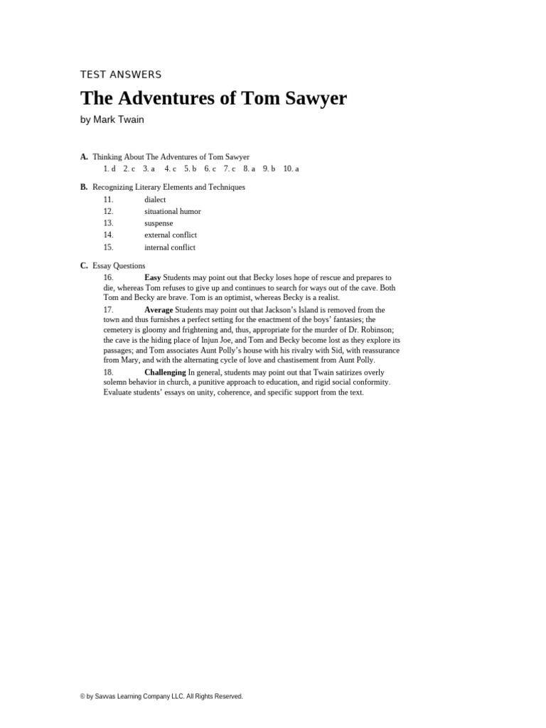 Adventures of Tom Sawyer Answer Key | PDF