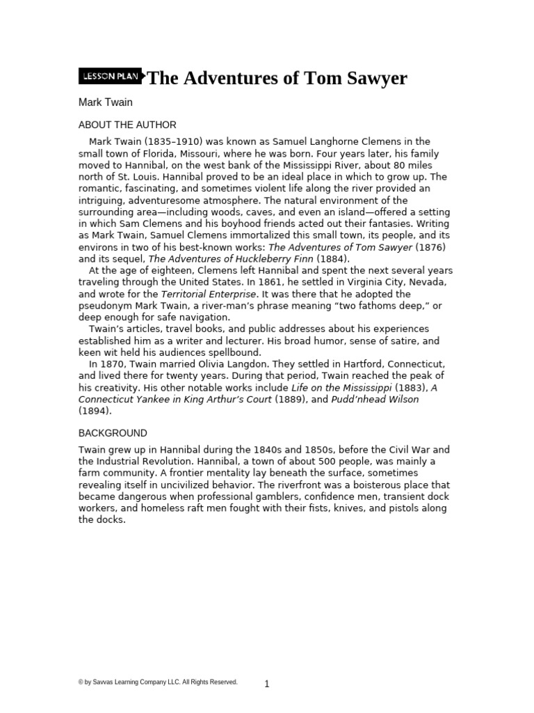 Tom Sawyer Study Guide Overview | PDF | The Adventures Of Tom Sawyer ...