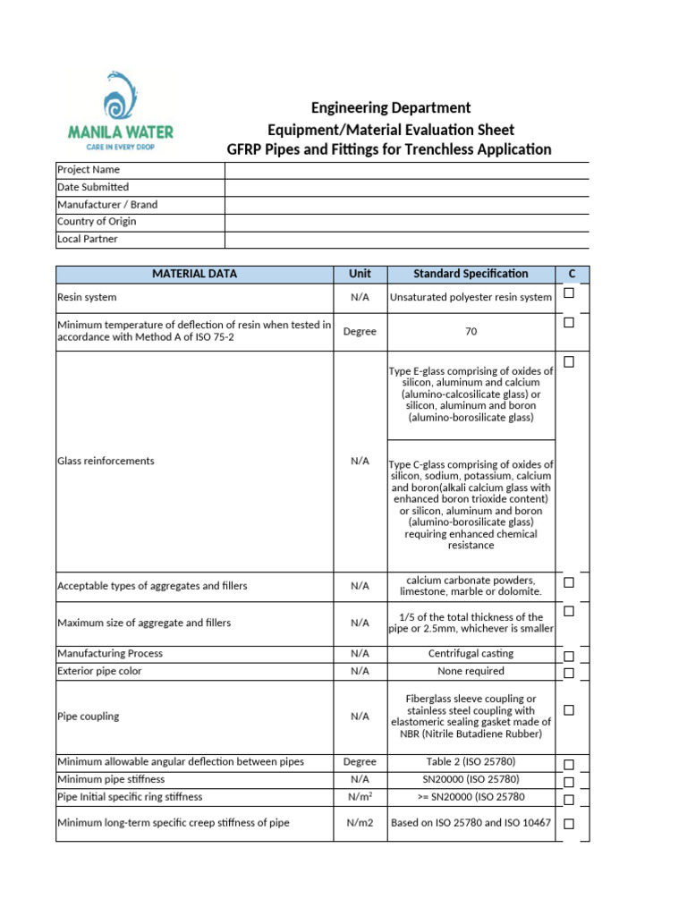 GFRP Pipe and Fittings (Trenchless Application) - Used Water | PDF ...