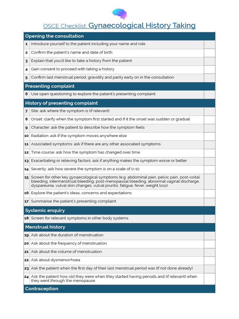 Gynaecological History Taking Checklist | PDF | Menstruation ...