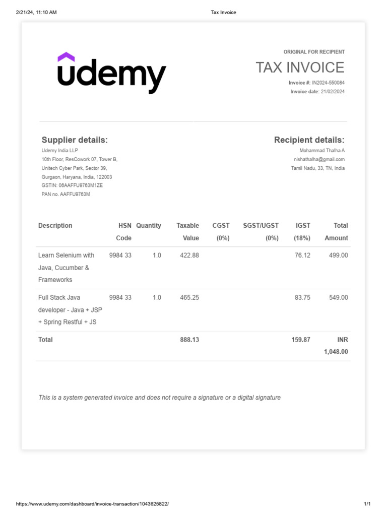Udemy Tax Invoice | PDF