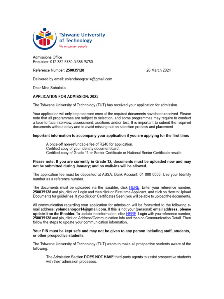 TUT 2025 Admission Application Guide | PDF | Bribery