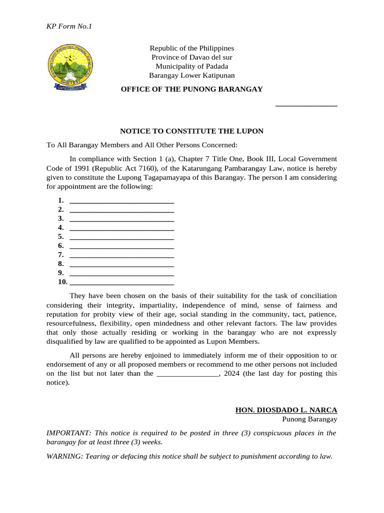 1- Notice to Constitute the Lupon | PDF