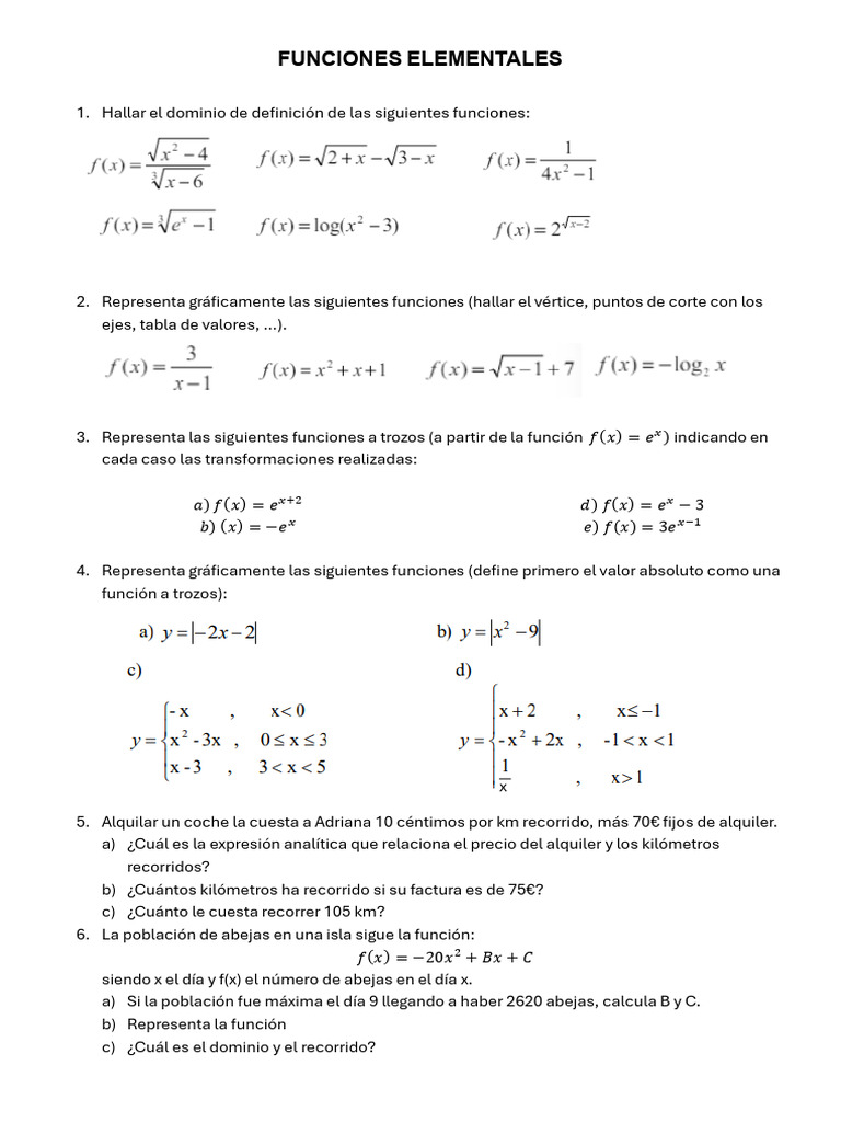 Funciones elementales ejercicios | PDF