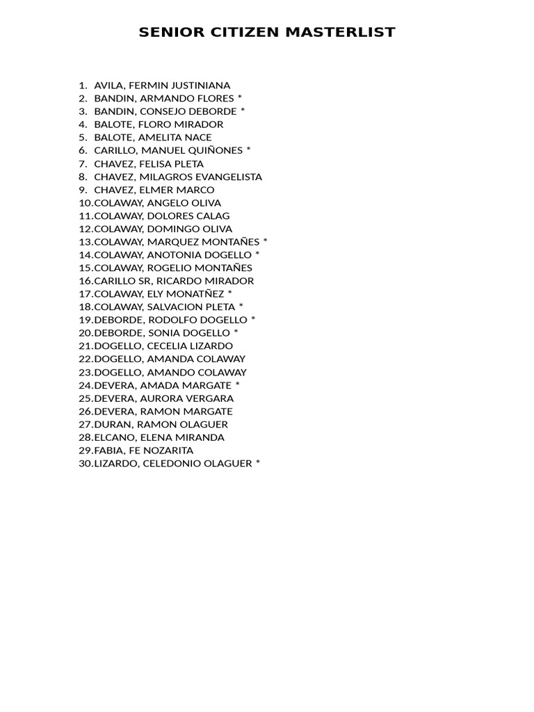 SENIOR CITIZEN MASTERLIST | PDF