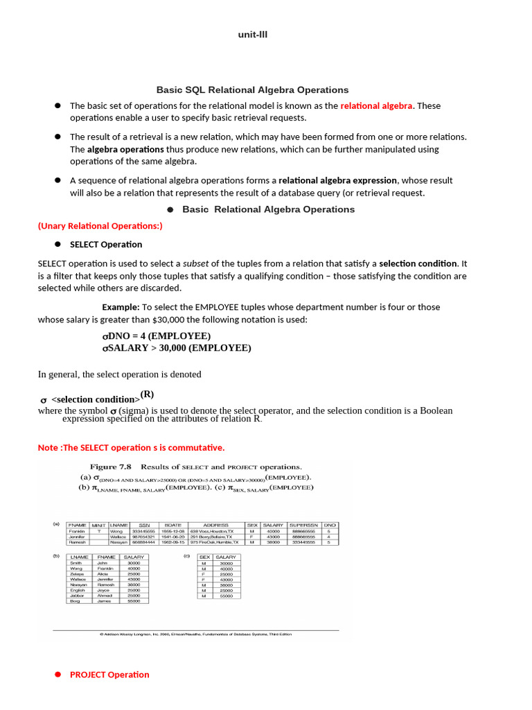 Basic SQL Relational Algebra Operations.doc(1) | PDF | Relational Model | Databases