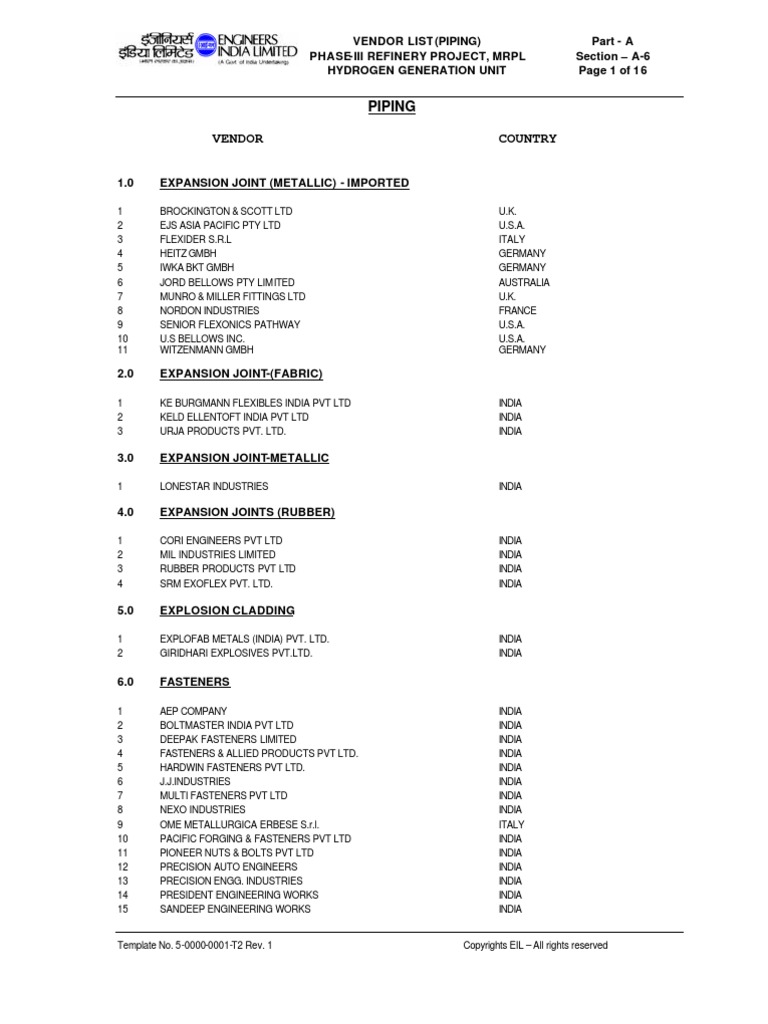 EIL A6 Piping Vendor List | PDF | Pipe (Fluid Conveyance) | Valve