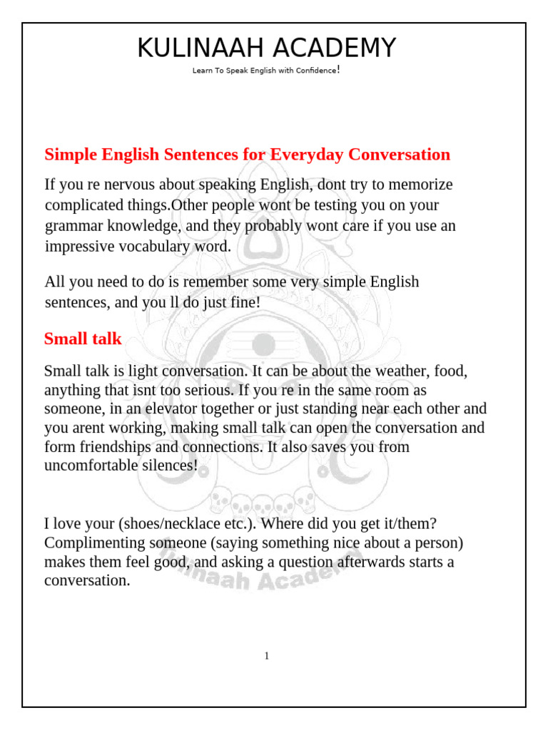 Simple English Sentences For Everyday Conversation - 01 | PDF | English ...