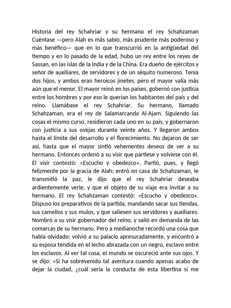 Historia del rey Schahriar y su hermano el rey Schahzaman Cuéntase 2 | PDF