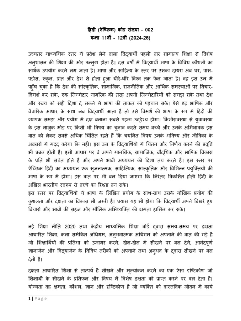 Hindi Elective SrSec 2024-25 | PDF